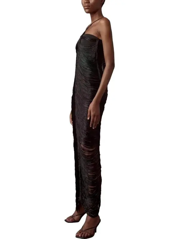 ELDORADO Halterneck Maxi Dress With Fringe Detailing - Black