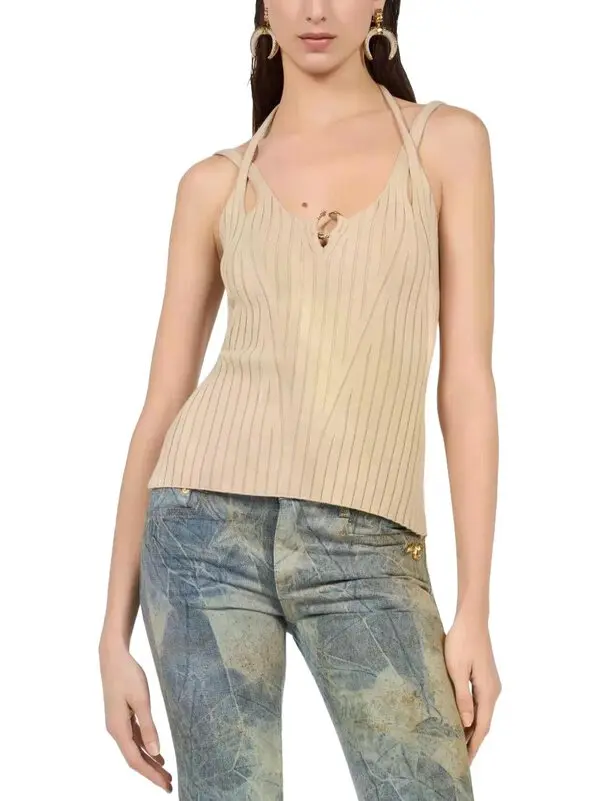 Roberto Cavalli Ribbed Knit Halterneck Top With Gold-tone Ring Detail - Neutrals