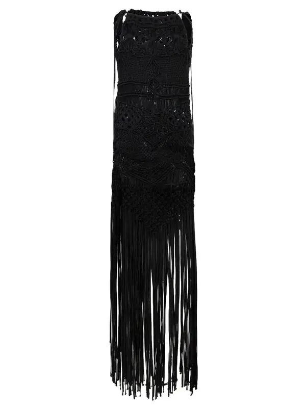 Alberta Ferretti Macramé Fringe Halterneck Dress - Black