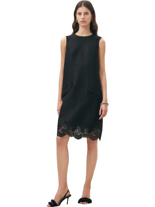 Fabrique Silk-wool Satin A-line Dress With Embroidered Lace - Black
