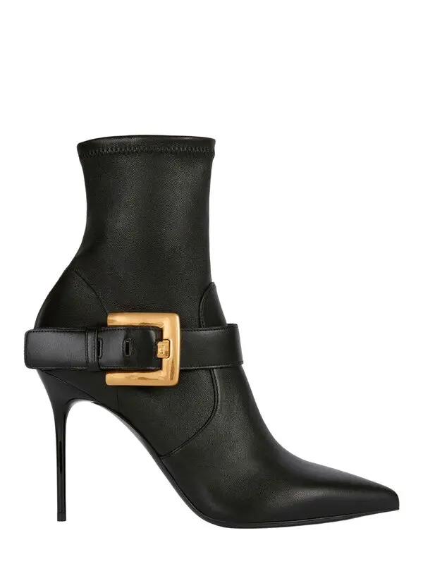 Balmain Anthem Stretch Leather Ankle Boots With Gold Buckle - Black