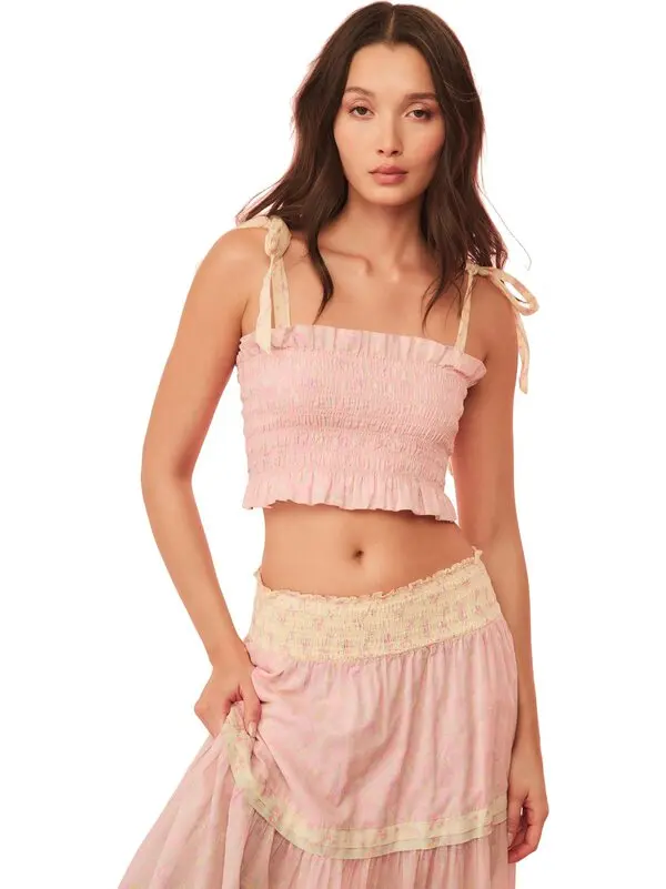 LoveShackFancy Corbin Cotton Mixed Print Smocked Cropped Top - Pink Lemonade