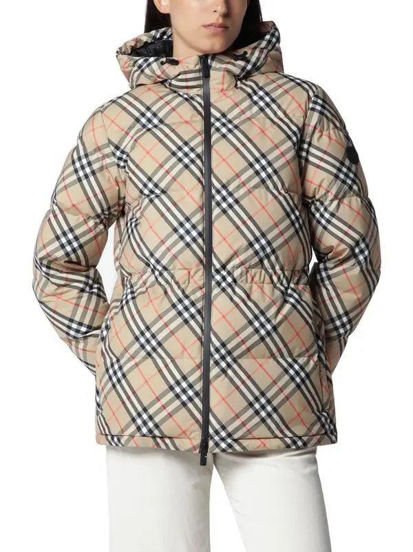 Burberry Hooded Check Nylon Puffer Jacket In Sand - Beige