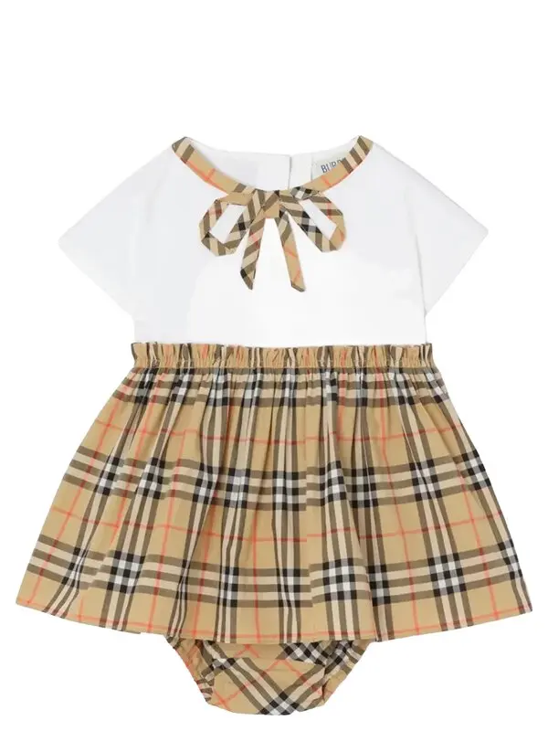 Burberry Cotton Dress And Bloomer Shorts With Check Bow - White