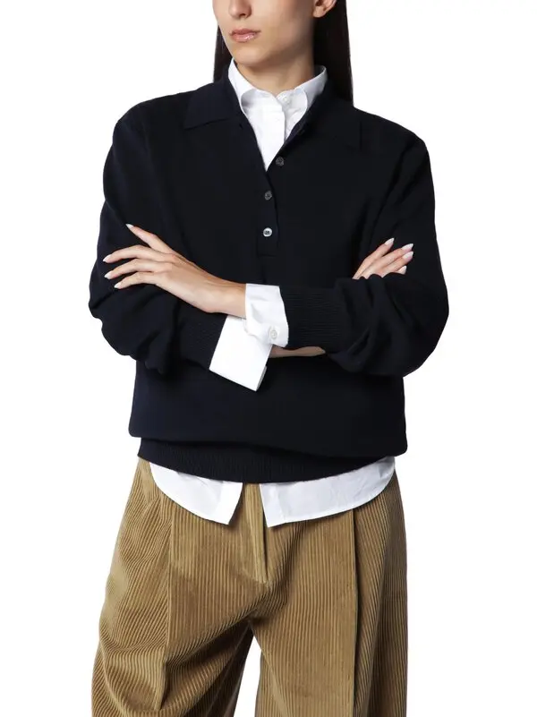 RÓHE Merino Wool Long Sleeve Polo - Blue