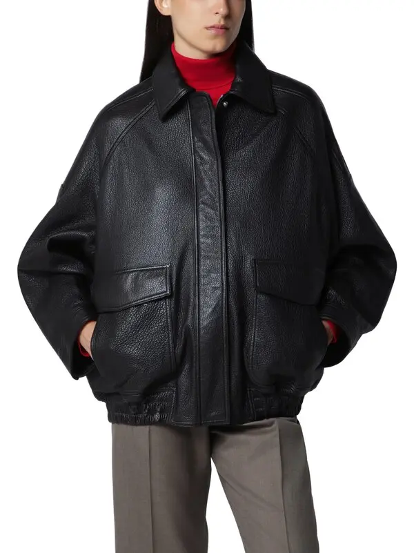 RÓHE Grained Leather Bomber Jacket - Black