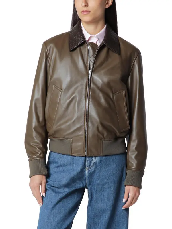 Bottega Veneta Glossy Lamb Leather Bomber Jacket - Green