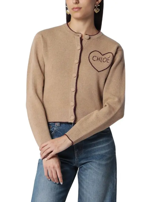 Chloé Light Wool And Cashmere Logo Cardigan - Brown