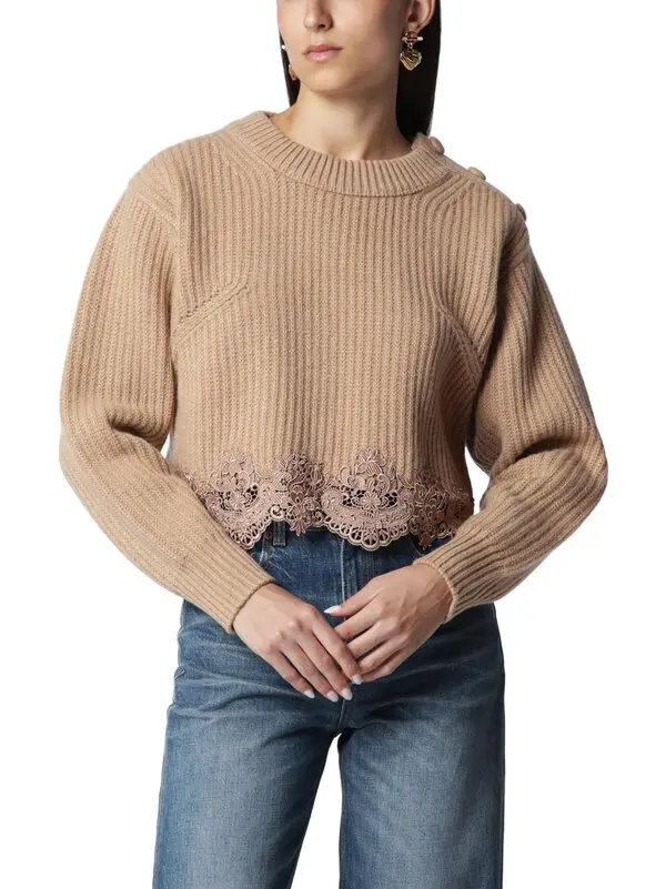 Chloé Cropped Turtleneck Sweater In Wool-cashmere With Lace Trim - Brown