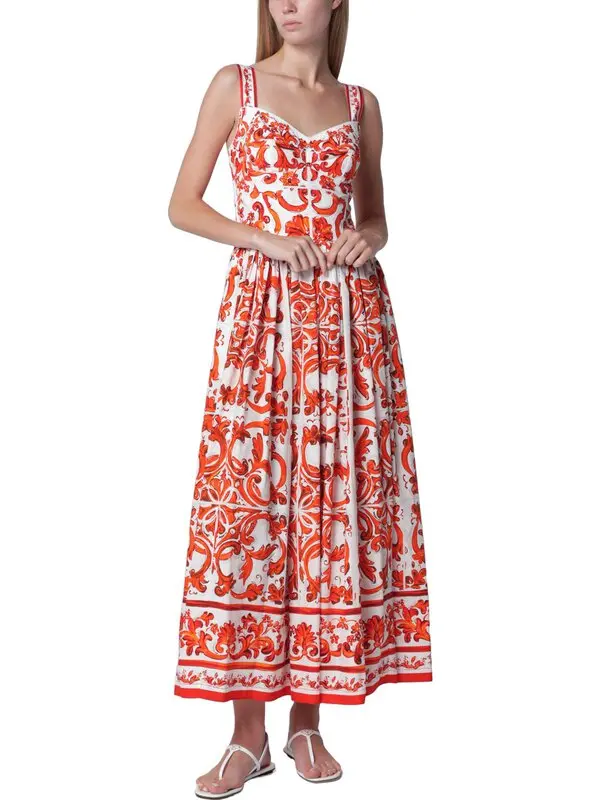 Dolce & Gabbana Majolica Print Cotton Poplin Maxi Dress - Orange