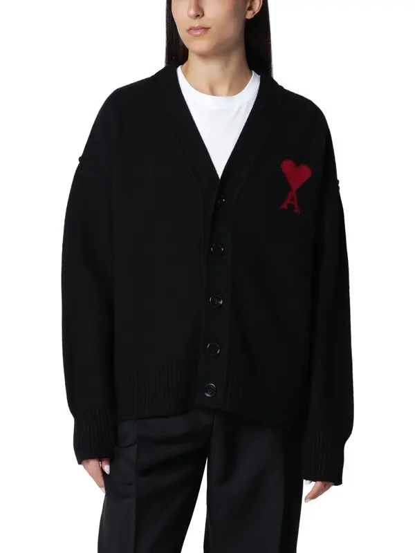 AMI Paris De Coeur Merino Wool Cardigan - Black