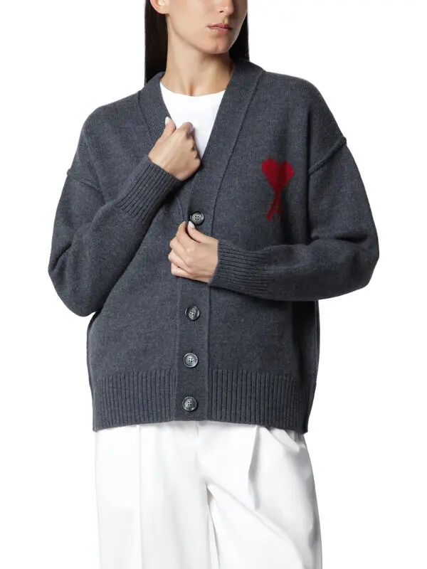 AMI Paris De Coeur Merino Wool Cardigan - Grey