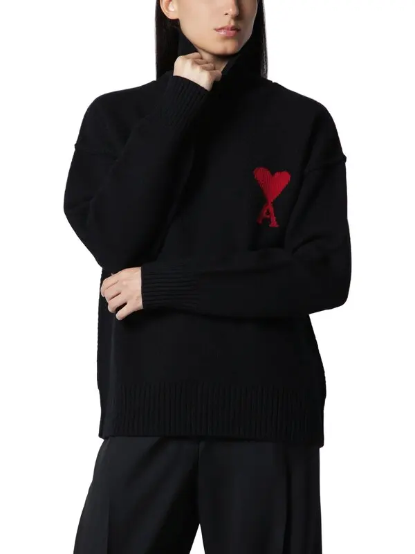 AMI Paris Merino Wool Turtleneck With De Coeur Intarsia - Black