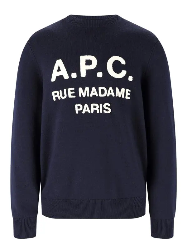 A.p.c. 100% Virgin Wool Crewneck Sweater With " Rue Madame Paris" Graphic - Blue