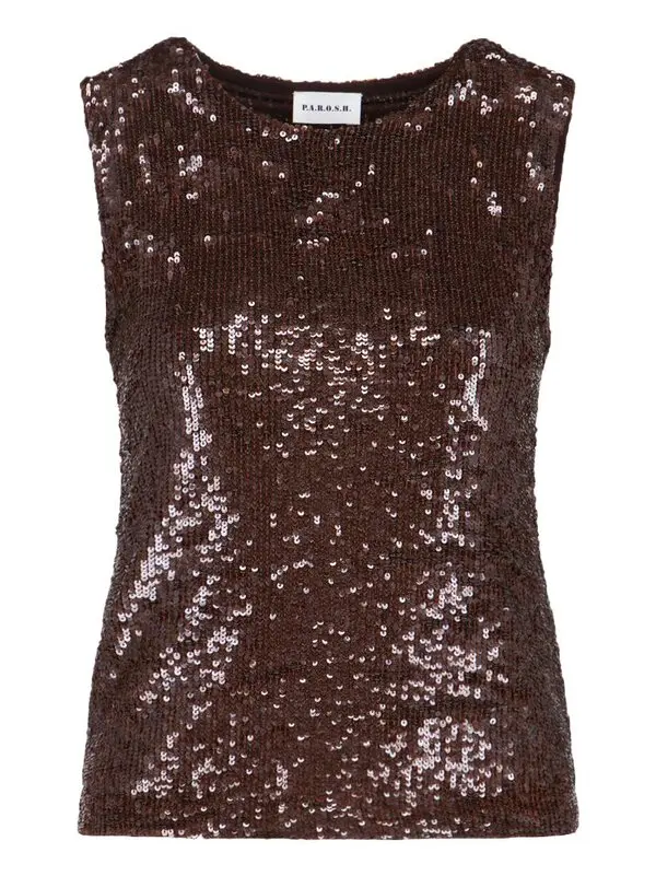 PAROSH Sleeveless Sequin Knit Top - Brown
