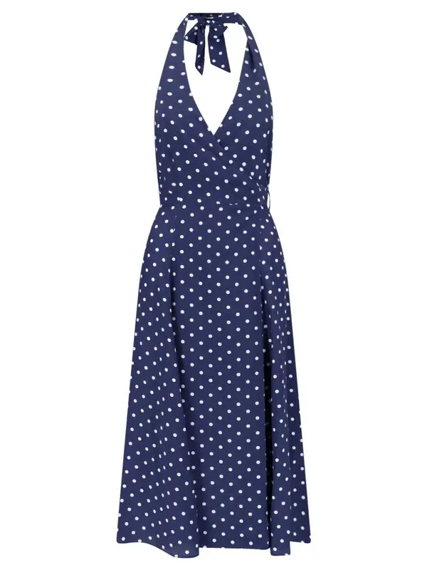 PAROSH Halterneck Polka Dot Maxi Dress - Blue