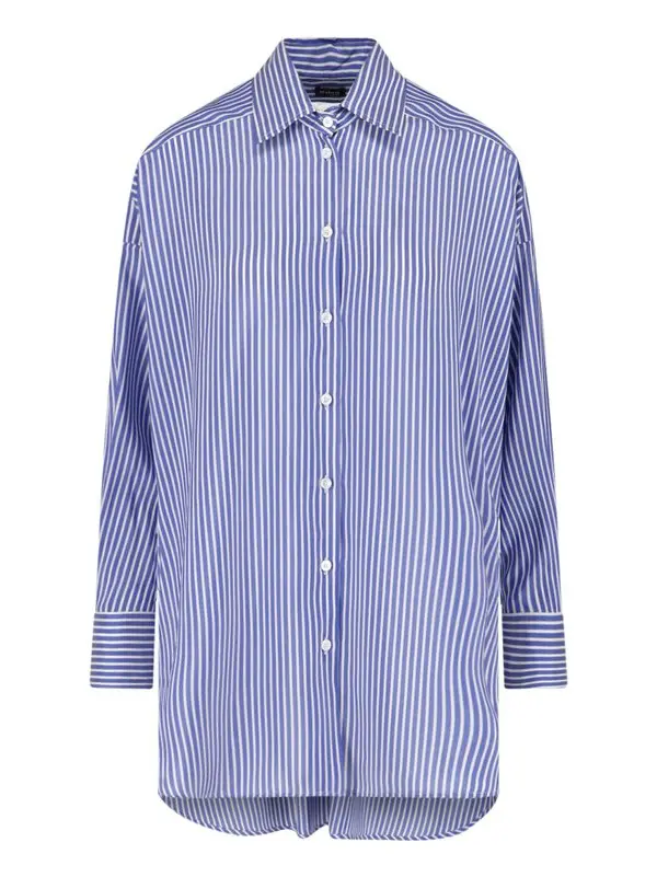 Kiton 100% Silk Striped Button-front Shirt - Blue