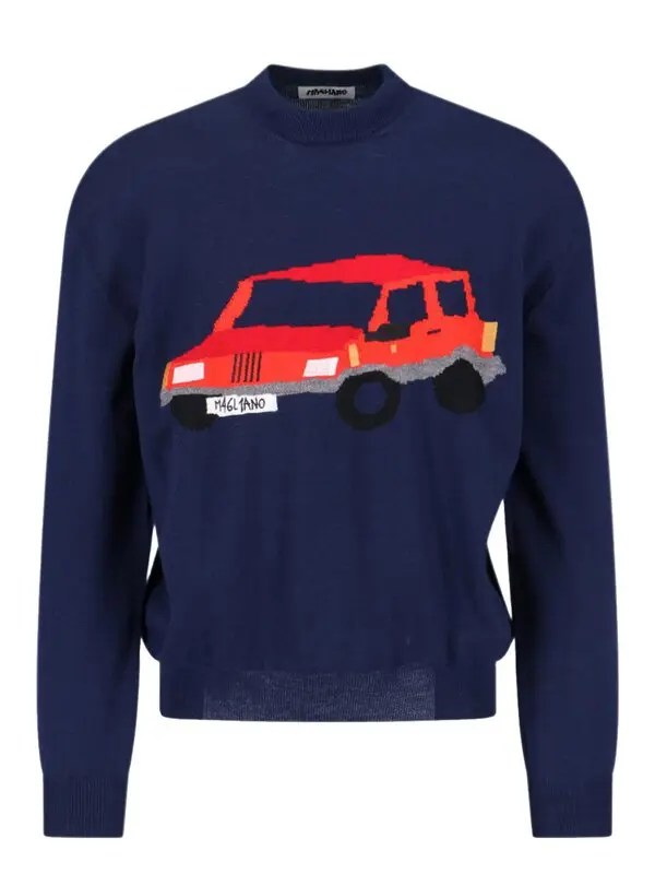 MAGLIANO 100% Wool Crewneck Sweater With Car Motif - Blue