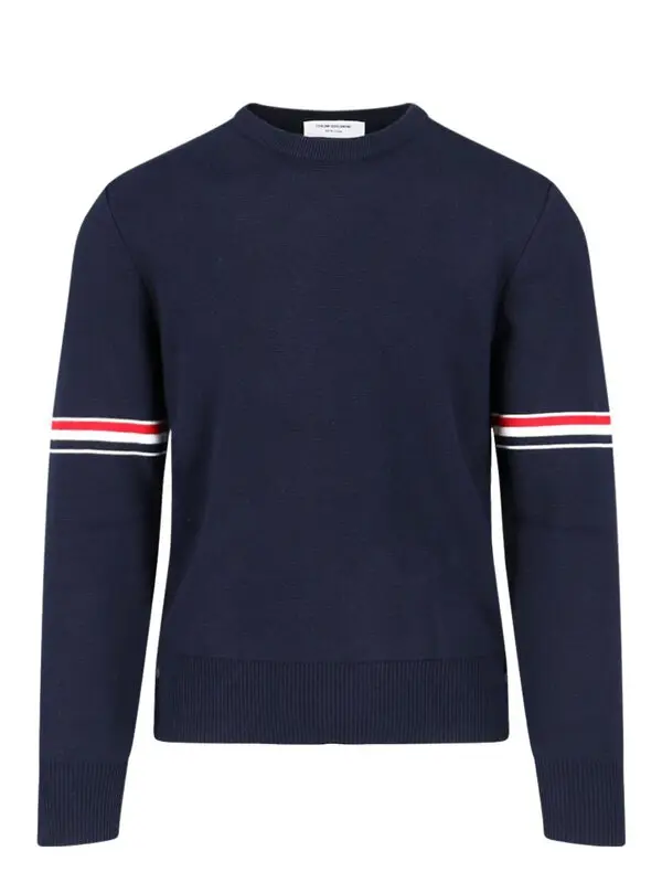 Thom Browne Crewneck Sweater With Sleeve Stripe Detail - Blue