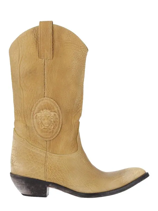 Versace Calf Leather Embossed Medusa Detail Boots - Taupe