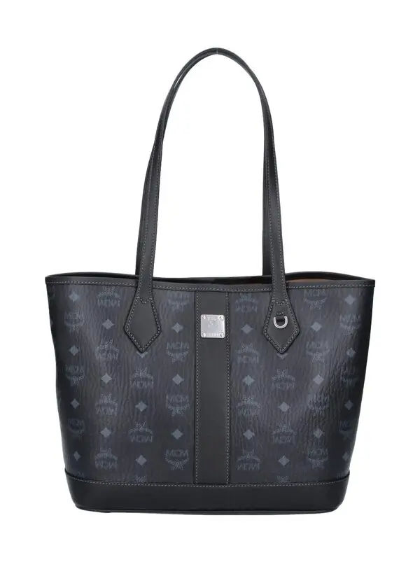 Mcm Polyurethane & Cotton Monogram Tote Bag With Cowhide Trim - Black