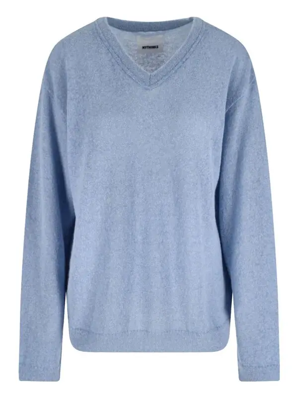 MYTHINKS Alpaca-blend V-neck Knit Sweater - Blue
