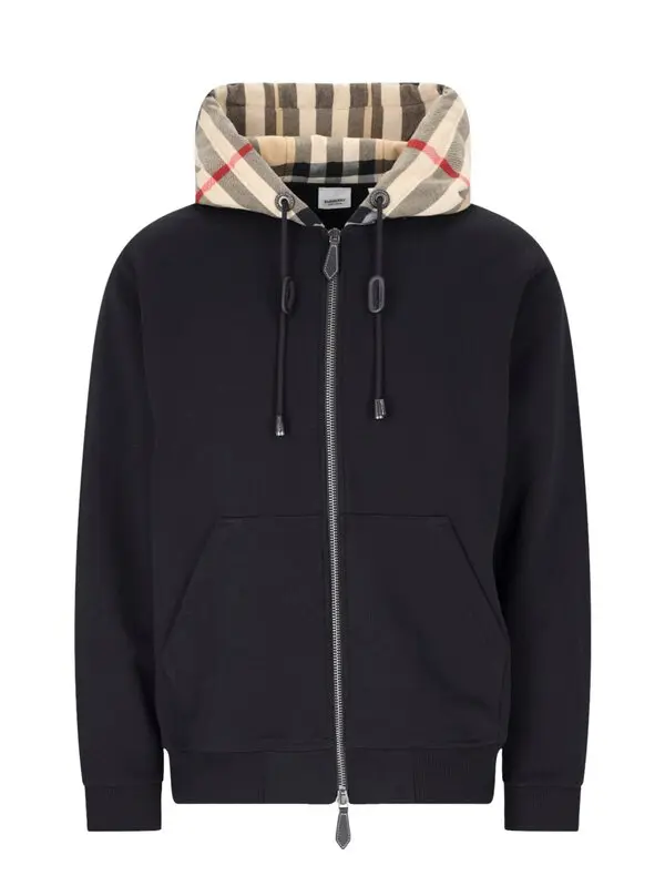 Burberry Cotton Check Pattern Drawstring Hooded Sweater With Front Zip Fw25 - Black