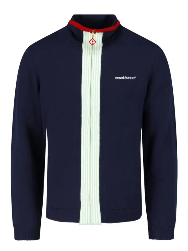 Casablanca 100% Wool Zip-up Sweater With Ribbed Details - Blue