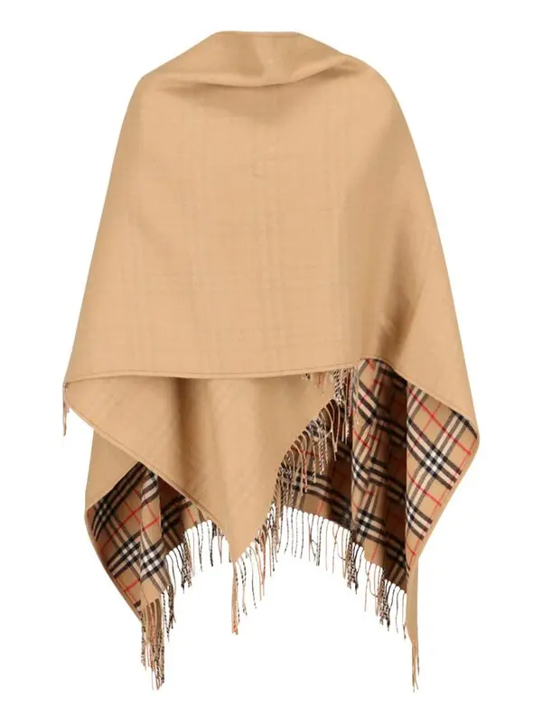 Burberry Reversible Wool Cape With Fringed Edges Sizing - Beige