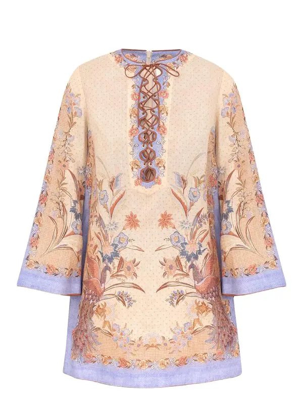 Zimmermann Printed Linen Mini Tunic Dress - Beige
