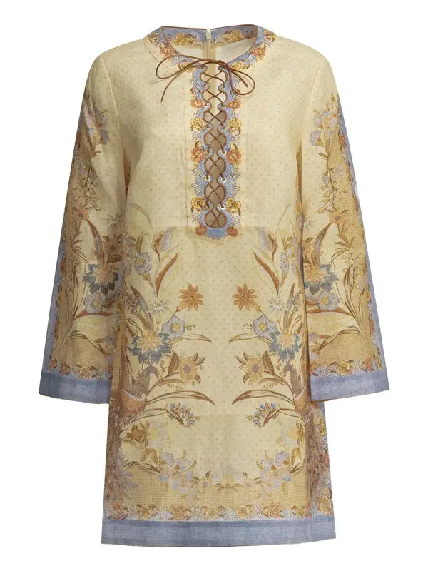 Zimmermann Printed Linen Mini Tunic Dress - Beige