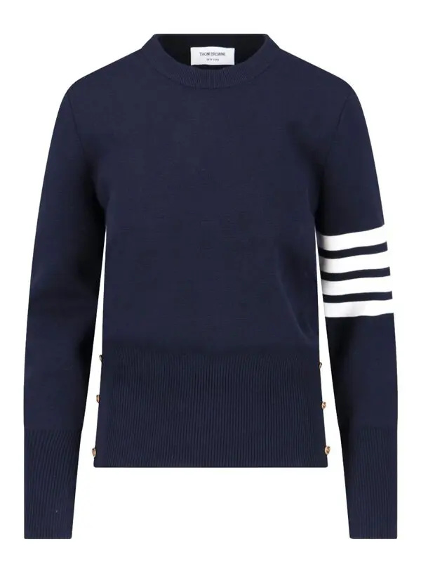 Thom Browne 100% Cotton Crew Neck Sweater With Signature Stripes - Blue
