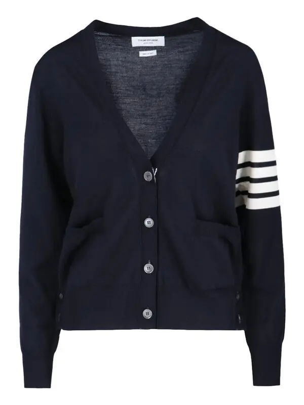 Thom Browne Merino Wool V-neck Cardigan With 4-bar Detailing - Blue
