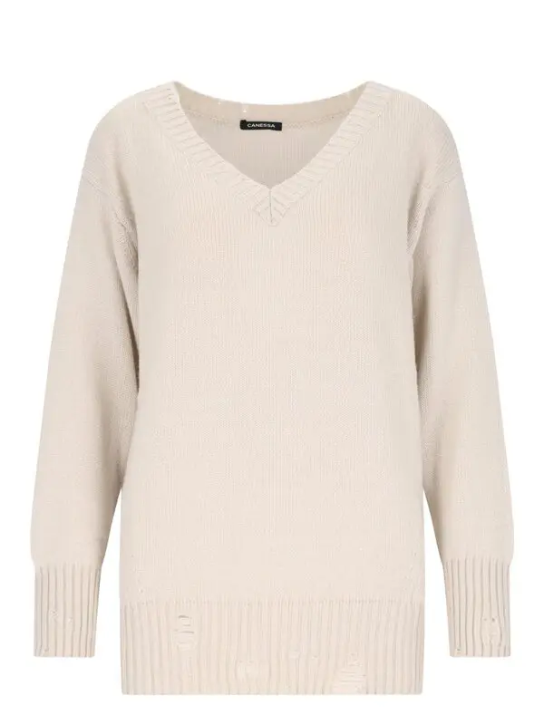 CANESSA 100% Cashmere V-neck Distressed Sweater - White