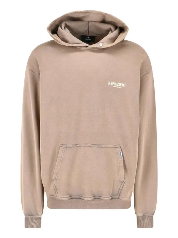 REPRESENT Logo Print Cotton Hoodie - Brown