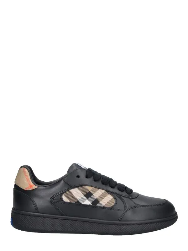 Burberry Leather Lace Up Sneakers With Checked Detail - Black