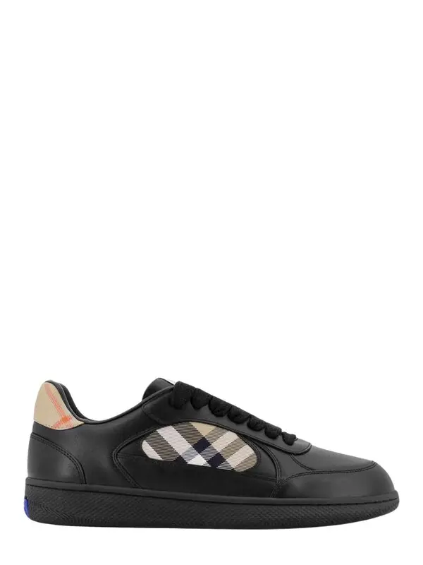 Burberry Leather Lace Up Sneakers With Checked Detail - Black