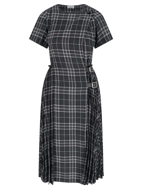 Burberry Plaid Pleated Midi Dress - Grey