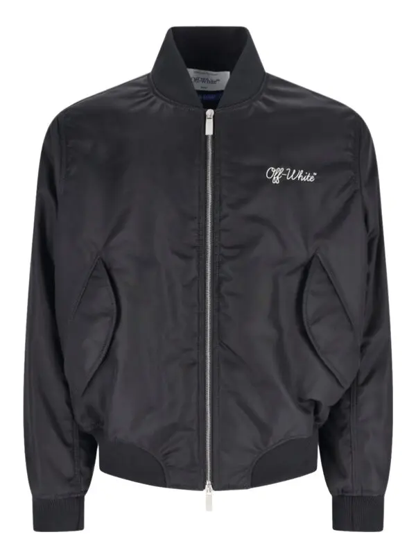 Off-White Bomber Jacket With Zip-front Closure And Ribbed Details - Black