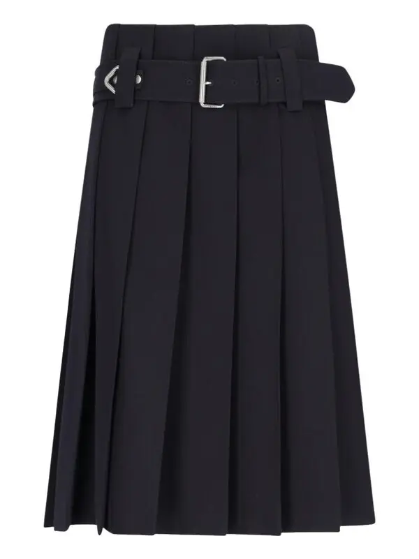 Prada Belted Pleated Wool Skirt With Brass Buckle Detail - Blue