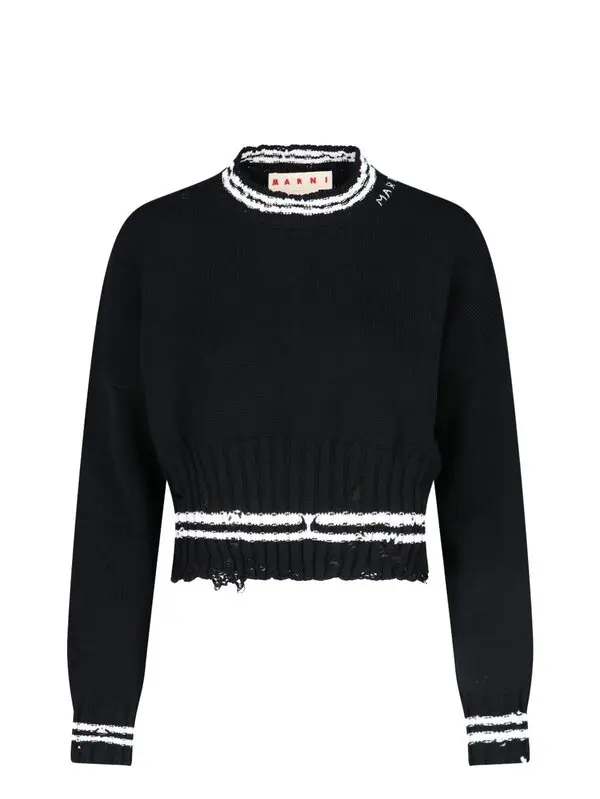 Marni Cropped Knit Sweater With Distressed Hem - Black