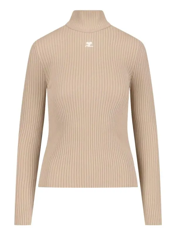 COURREGES Ribbed Knit Turtleneck Top - Beige