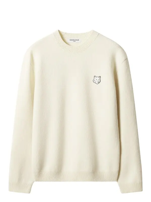 Maison Kitsuné 100% Wool Cardigan With Fox Applique - Ecru