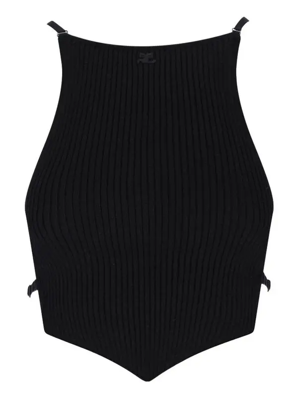 COURREGES Ribbed Draped Viscose-blend Top - Black
