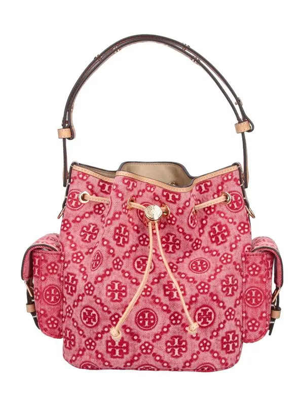 Tory Burch Monogrammed Bucket Bag With Leather Trim - Red