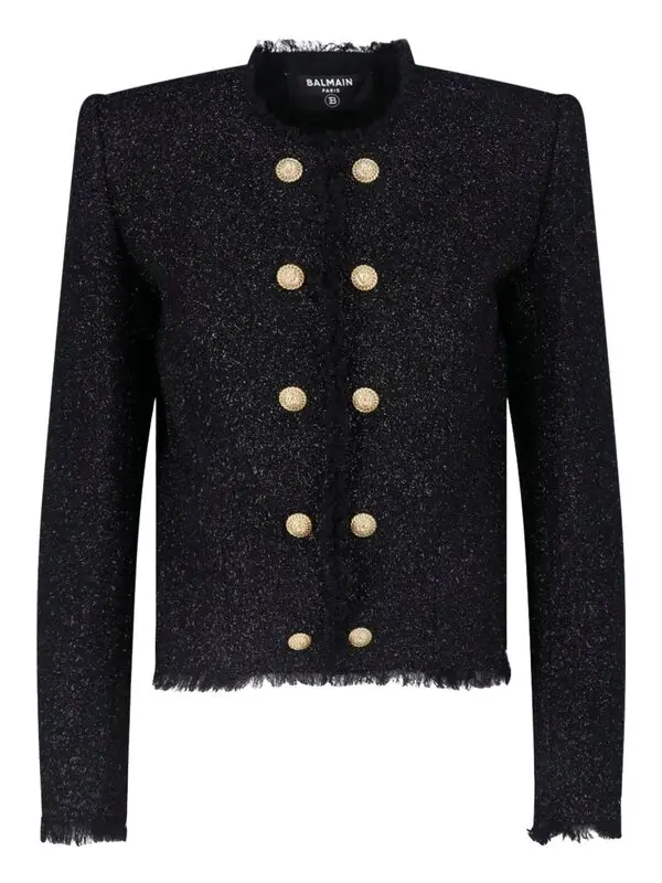 Balmain Cropped Tweed-style Jacket With Gold-tone Buttons And Fringe Trim - Black