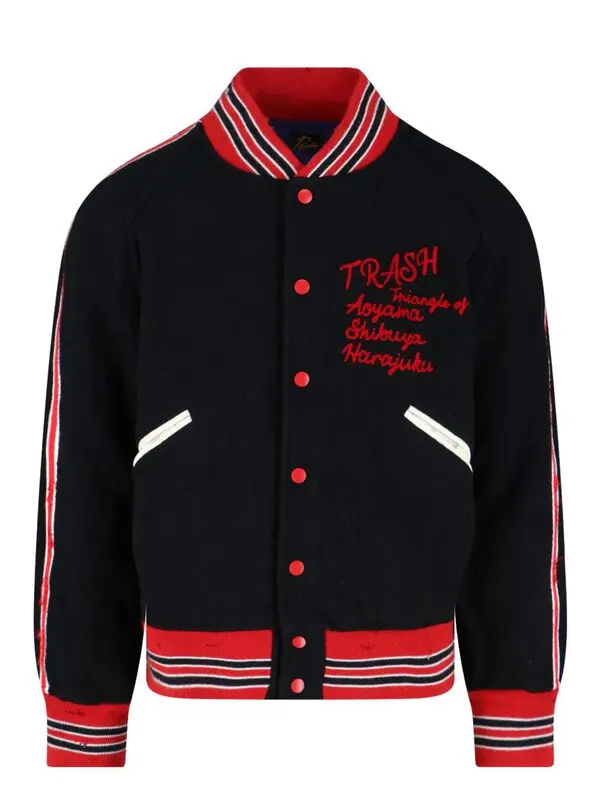 Needles Wool Blend Varsity Jacket With Embroidered Detailing - Black