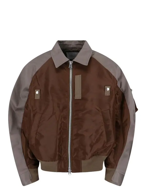 Sacai Zip-front Bomber Jacket With Contrast Panels - Brown
