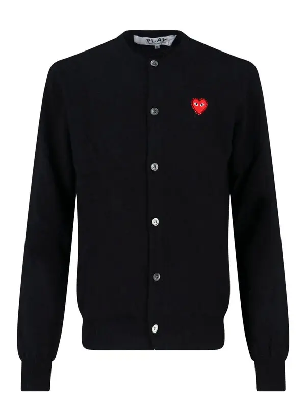 Play Comme Des Garcon 100% Wool Cardigan With Heart Appliqu - Black
