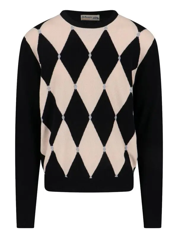 BALLANTYNE Argyle Patterned Fine Knit Crew Neck Pullover Sweater - Black